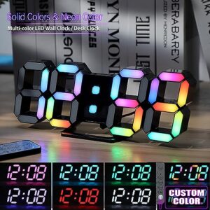 LED Digital Clock Neon Clock 9.7" Black Gaming Clock RGB LED Wall Clock for Living Room Desk Clock Large Display Aesthetic Clock for Bedroom, Colorful Rainbow Number Clock with Remote Control KOSUMOSU