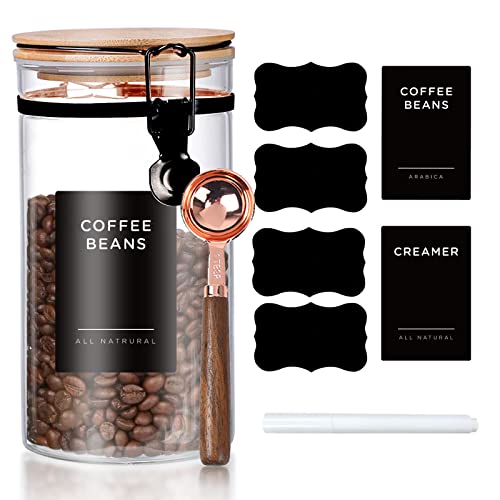 Joyfulmap Coffee Bean Canister with Airtignt Lids, 41Oz/1200ML Glass Coffee Jar with Airtight Locking Clamp Lids, Spoons, Labels, Coffee Storage Set for Kitchen, Coffee bar,Countertop(Black)