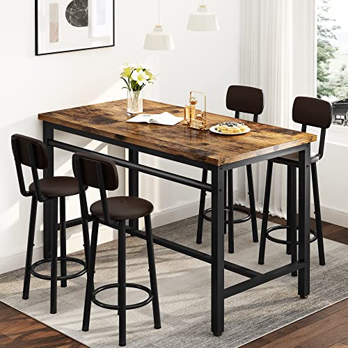 Lamerge Bar Table and Chairs Set Industrial Wood Kitchen Dining Table Space Saving Breakfast Bar Table Counter Height Pub Table with 4 PU Upholstered Chairs with Backrest 5 Pieces Home Kitchen Set