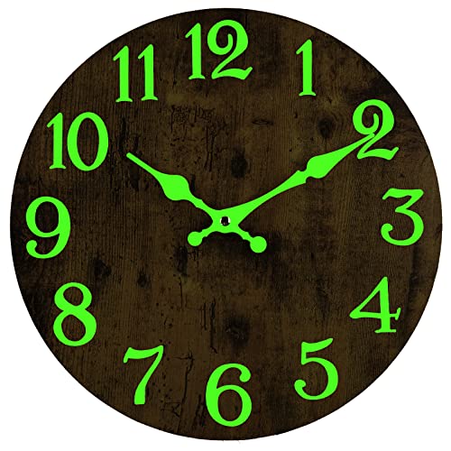 DIYZON Luminous Wall Clock, Silent Non-Ticking 12'' Night Light Wall Clocks Battery Operated, Country Style Wooden Illuminated Wall Clock Decorative for Kitchen, Home, Bedrooms, Office (Brown)