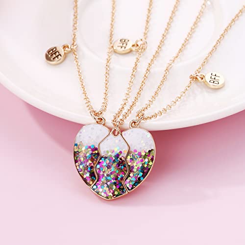 Saalort Best Friend Necklaces for 3 Matching Heart Pendant Magnetic Bff Friendship Necklace (Gold Sequin)