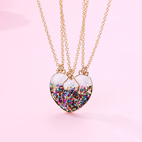 Saalort Best Friend Necklaces for 3 Matching Heart Pendant Magnetic Bff Friendship Necklace (Gold Sequin)