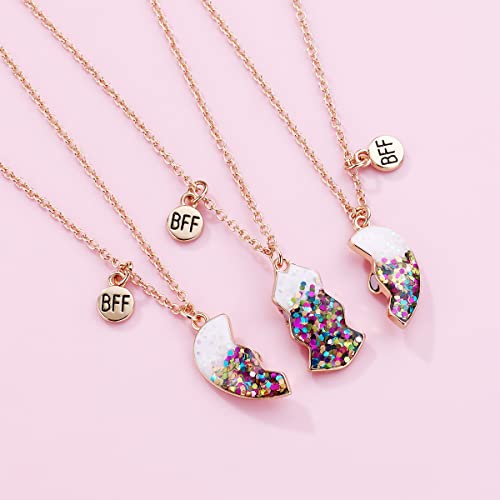 Saalort Best Friend Necklaces for 3 Matching Heart Pendant Magnetic Bff Friendship Necklace (Gold Sequin)