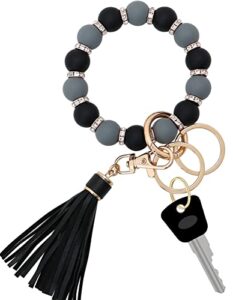 silicone key ring bracelet for women, elastic beaded wristlet keychain key holder for mother’s day gift(grey/black)