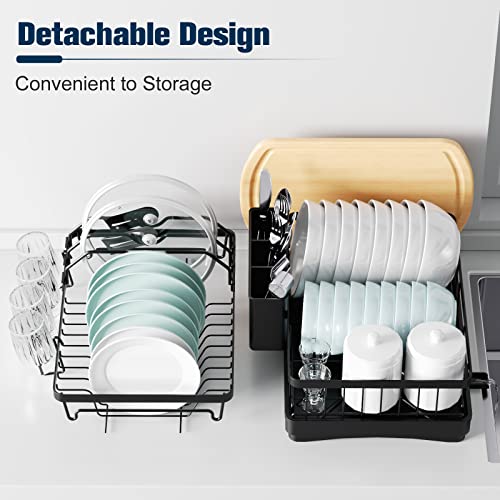 Aonee Dish Drying Rack, 2 Tier Dish Rack with Water Locking Function Drainboard, Pot Rack, Cutlery Holder, Cutting-Board Holder and Cup Holder, Rust-Proof Metal Large Dish Racks