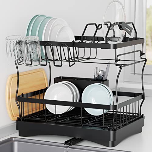 Aonee Dish Drying Rack, 2 Tier Dish Rack with Water Locking Function Drainboard, Pot Rack, Cutlery Holder, Cutting-Board Holder and Cup Holder, Rust-Proof Metal Large Dish Racks