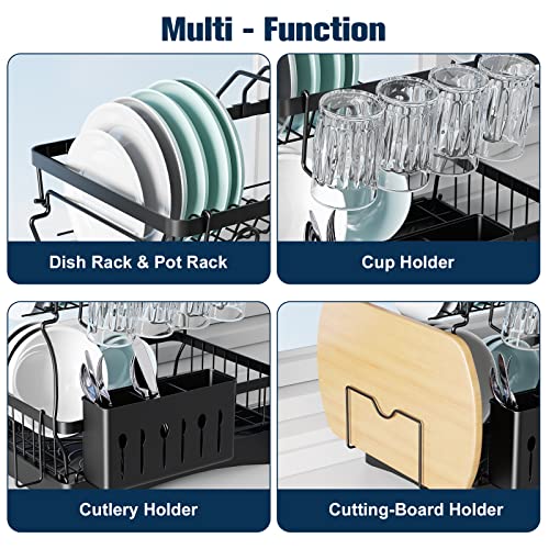 Aonee Dish Drying Rack, 2 Tier Dish Rack with Water Locking Function Drainboard, Pot Rack, Cutlery Holder, Cutting-Board Holder and Cup Holder, Rust-Proof Metal Large Dish Racks