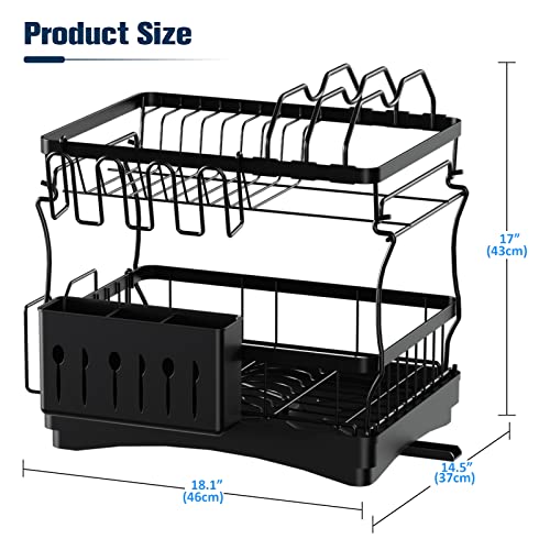 Aonee Dish Drying Rack, 2 Tier Dish Rack with Water Locking Function Drainboard, Pot Rack, Cutlery Holder, Cutting-Board Holder and Cup Holder, Rust-Proof Metal Large Dish Racks