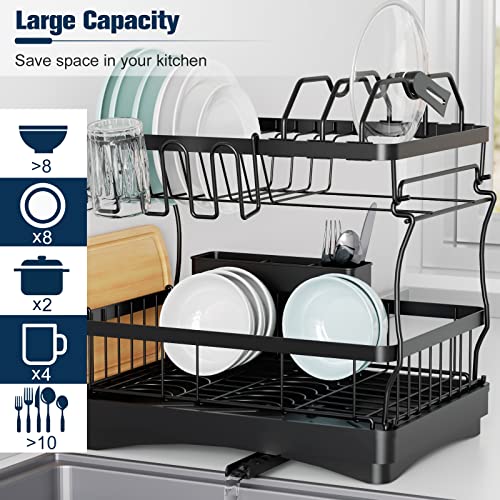 Aonee Dish Drying Rack, 2 Tier Dish Rack with Water Locking Function Drainboard, Pot Rack, Cutlery Holder, Cutting-Board Holder and Cup Holder, Rust-Proof Metal Large Dish Racks