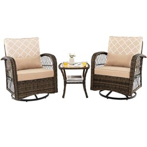 tangkula 3-piece patio swivel rocker set, wicker swivel rocking chairs w/tempered glass coffee table, 360° swiveling & smooth rocking, outdoor rattan rocking set for backyard, balcony (mix brown)