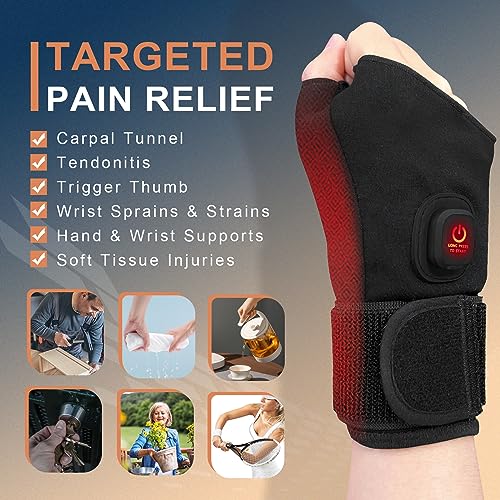 Carpal Tunnel Wrist Brace Support, Electric Hand Heating Pad Heated Wrap for De Quervain’s tendonitis, Rheumatoid Arthritis, Joint Pain Relief Auto Shut Off, Fit for Men and Women, Right Hand