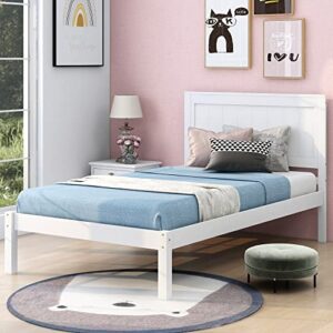 Merax Wood Platform Bed Frame with Headboard, Wood Slat Support, No Box Spring Needed,Twin,White