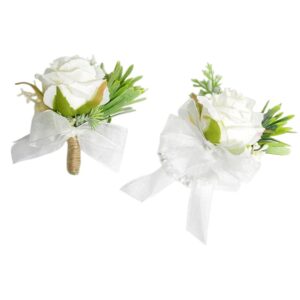 corsage and boutonniere set,2pcs artificial rose wrist corsage wristlet,for wedding bridal bridesmaid wrist corsage corsage ball decoration (white)