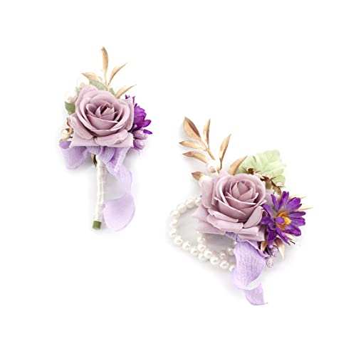 Ansofi Purple Corsage and Boutonniere Set, Prom Artificial Flower Wrist Corsage Bracelets, Homecoming Corsage Wristlet, Boutonniere for Men Wedding Flowers Accessories Prom Suit Decorations