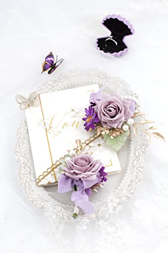 Ansofi Purple Corsage and Boutonniere Set, Prom Artificial Flower Wrist Corsage Bracelets, Homecoming Corsage Wristlet, Boutonniere for Men Wedding Flowers Accessories Prom Suit Decorations