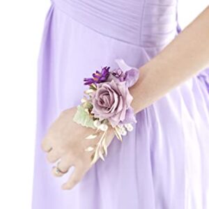 Ansofi Purple Corsage and Boutonniere Set, Prom Artificial Flower Wrist Corsage Bracelets, Homecoming Corsage Wristlet, Boutonniere for Men Wedding Flowers Accessories Prom Suit Decorations