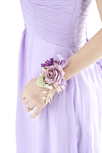 Ansofi Purple Corsage and Boutonniere Set, Prom Artificial Flower Wrist Corsage Bracelets, Homecoming Corsage Wristlet, Boutonniere for Men Wedding Flowers Accessories Prom Suit Decorations