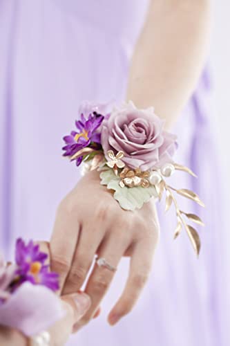 Ansofi Purple Corsage and Boutonniere Set, Prom Artificial Flower Wrist Corsage Bracelets, Homecoming Corsage Wristlet, Boutonniere for Men Wedding Flowers Accessories Prom Suit Decorations