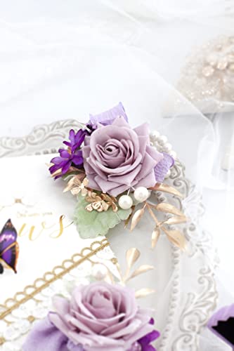 Ansofi Purple Corsage and Boutonniere Set, Prom Artificial Flower Wrist Corsage Bracelets, Homecoming Corsage Wristlet, Boutonniere for Men Wedding Flowers Accessories Prom Suit Decorations