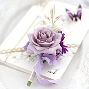 Ansofi Purple Corsage and Boutonniere Set, Prom Artificial Flower Wrist Corsage Bracelets, Homecoming Corsage Wristlet, Boutonniere for Men Wedding Flowers Accessories Prom Suit Decorations