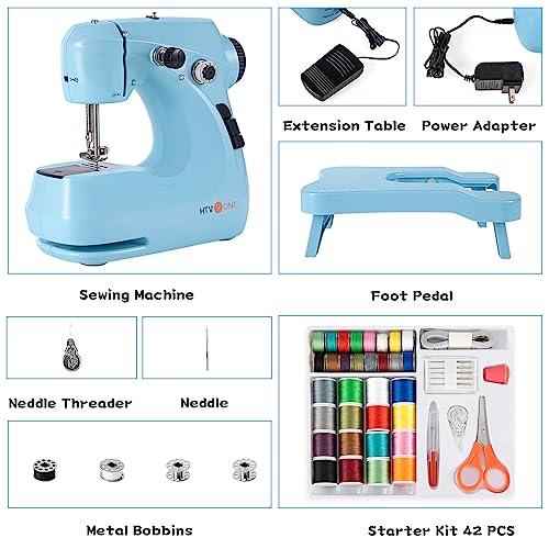 HTVRONT Mini Sewing Machine for Beginners - Portable Sewing Machine with Extension Table, Foot Pedal, Light, 42 Pcs Sewing Set, etc. Dual Speed Small Sewing Machine for Beginners and Kids