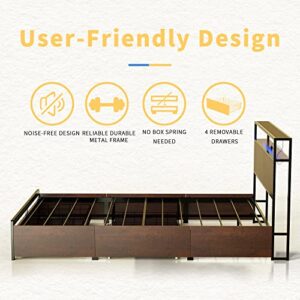 HAUSOURCE LED Bed Frame Full Size with Headboard & 4 Storage Drawers Platform Bed Frame with 2 Charging Outlets and 2 USB Ports Strong Metal Slats Support No Box Spring Needed