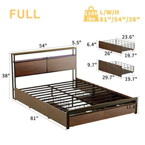 HAUSOURCE LED Bed Frame Full Size with Headboard & 4 Storage Drawers Platform Bed Frame with 2 Charging Outlets and 2 USB Ports Strong Metal Slats Support No Box Spring Needed