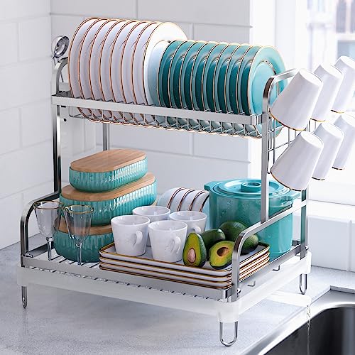 Kitsure Dish Drying Rack - Multipurpose 2-Tier Dish Rack, Dish Drainers for Kitchen Counter, Large-Capacity Dish Dryer, Kitchen Drying Rack for Dishes w/Cutlery Holder & Cup Holder 4064SI