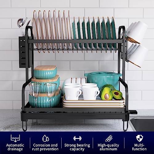 Kitsure Dish Drying Rack - Multipurpose 2-Tier Dish Rack, Dish Drainers for Kitchen Counter, Large-Capacity Dish Dryer, Kitchen Drying Rack for Dishes w/Cutlery Holder & Cup Holder 4064SI