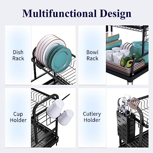 Kitsure Dish Drying Rack - Multipurpose 2-Tier Dish Rack, Dish Drainers for Kitchen Counter, Large-Capacity Dish Dryer, Kitchen Drying Rack for Dishes w/Cutlery Holder & Cup Holder 4064SI