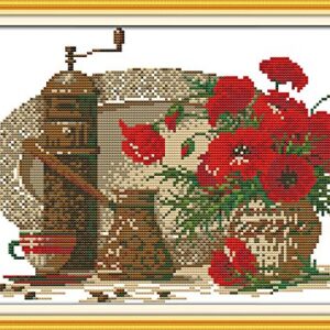 14 CT Cross Stitch Kits for Beginners Teacup & Poppy Printed Stamped Cross-Stitch Supplies Needlework Printed Embroidery Kits DIY Kits Needlepoint Starter Kits 34×26cm