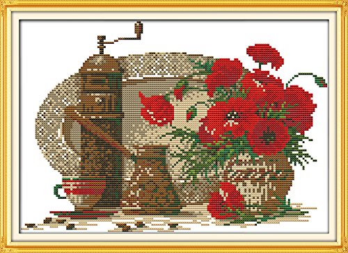 14 CT Cross Stitch Kits for Beginners Teacup & Poppy Printed Stamped Cross-Stitch Supplies Needlework Printed Embroidery Kits DIY Kits Needlepoint Starter Kits 34×26cm