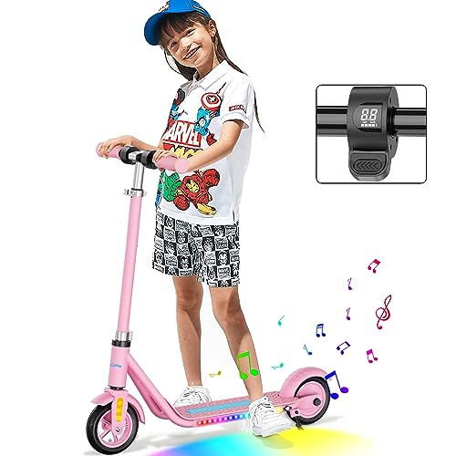 Scoothop Kids Electric Scooter,Colorful Rainbow Lights Electric Scooter with Bluetooth Music Speaker, LED Display,4 Height Adjustable and 3 Speed Adjustment,Electric Scooter for Kids Ages 6-12(Pink)