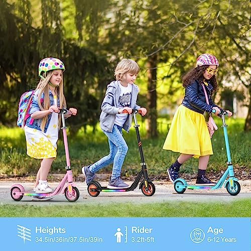 Scoothop Kids Electric Scooter,Colorful Rainbow Lights Electric Scooter with Bluetooth Music Speaker, LED Display,4 Height Adjustable and 3 Speed Adjustment,Electric Scooter for Kids Ages 6-12(Pink)