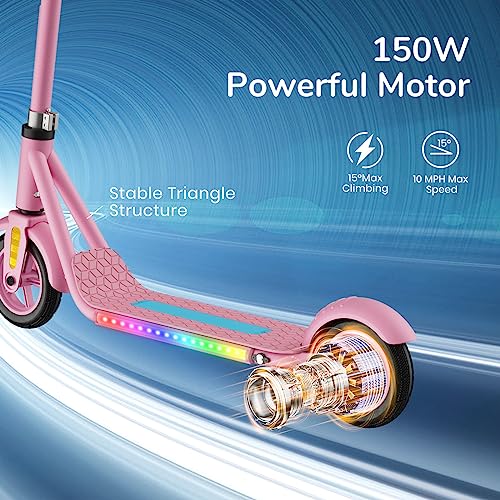 Scoothop Kids Electric Scooter,Colorful Rainbow Lights Electric Scooter with Bluetooth Music Speaker, LED Display,4 Height Adjustable and 3 Speed Adjustment,Electric Scooter for Kids Ages 6-12(Pink)