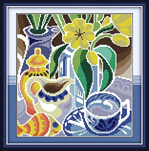 14 CT Cross Stitch Kits for Beginners Flowers Vase Printed Stamped Cross-Stitch Supplies Needlework Printed Embroidery Kits DIY Kits Needlepoint Starter Kits 29×31cm