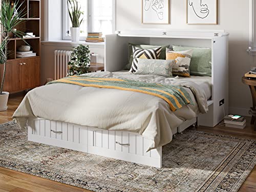 AFI, Southampton Murphy Bed Chest with 6 inch Memory Foam Folding Mattress, Built-in Charging Station and Storage Drawer, Full, White