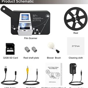 8mm & Super 8 Film to Digital Converter, Film Scanner Digitizer with 2.4" Screen, Convert 3”5”7”9”Reels View Frame by Frame into 1080P Digital MP4 Files,Sharing & Saving on 32GB SD Card