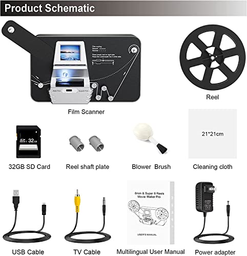 8mm & Super 8 Film to Digital Converter, Film Scanner Digitizer with 2.4" Screen, Convert 3”5”7”9”Reels View Frame by Frame into 1080P Digital MP4 Files,Sharing & Saving on 32GB SD Card