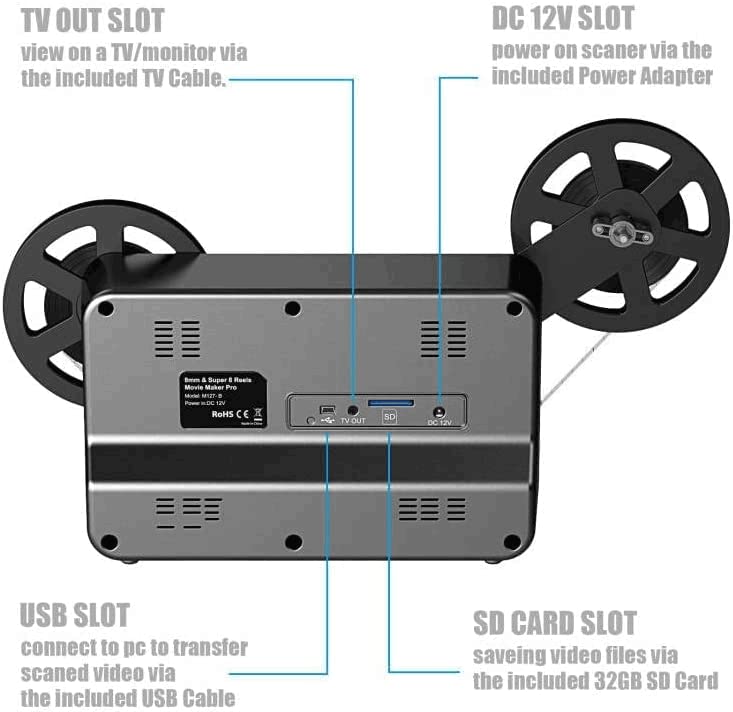 8mm & Super 8 Film to Digital Converter, Film Scanner Digitizer with 2.4" Screen, Convert 3”5”7”9”Reels View Frame by Frame into 1080P Digital MP4 Files,Sharing & Saving on 32GB SD Card