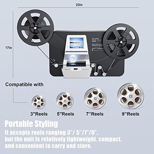 8mm & Super 8 Film to Digital Converter, Film Scanner Digitizer with 2.4" Screen, Convert 3”5”7”9”Reels View Frame by Frame into 1080P Digital MP4 Files,Sharing & Saving on 32GB SD Card