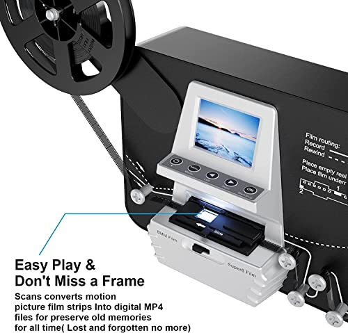 8mm & Super 8 Film to Digital Converter, Film Scanner Digitizer with 2.4" Screen, Convert 3”5”7”9”Reels View Frame by Frame into 1080P Digital MP4 Files,Sharing & Saving on 32GB SD Card