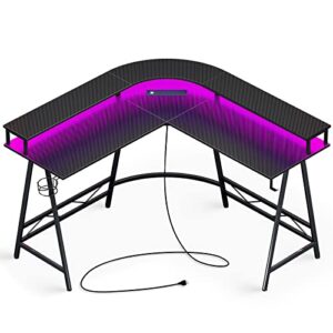 huuger l shaped desk gaming desk with led lights & power outlets, computer desk with monitor shelves, home office desk corner desk with cup holder & hook, carbon fiber black