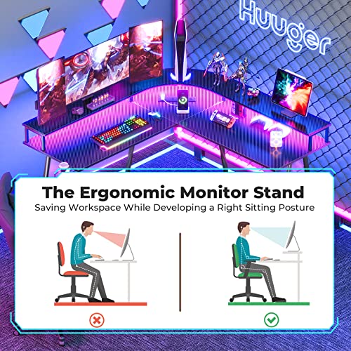 Huuger L Shaped Desk Gaming Desk with LED Lights & Power Outlets, Computer Desk with Monitor Shelves, Home Office Desk Corner Desk with Cup Holder & Hook, Carbon Fiber Black