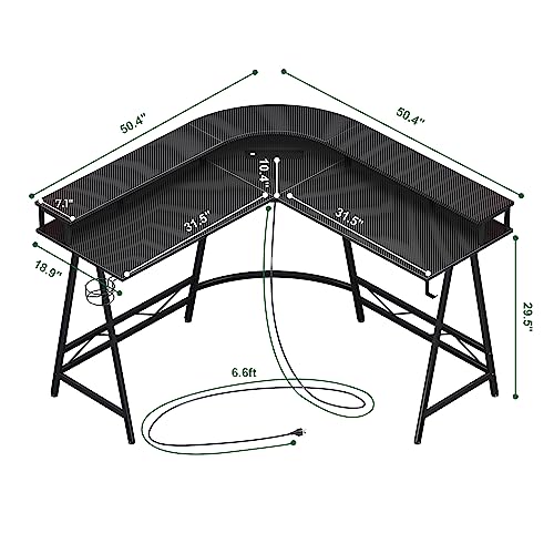 Huuger L Shaped Desk Gaming Desk with LED Lights & Power Outlets, Computer Desk with Monitor Shelves, Home Office Desk Corner Desk with Cup Holder & Hook, Carbon Fiber Black