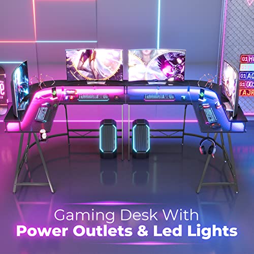 Huuger L Shaped Desk Gaming Desk with LED Lights & Power Outlets, Computer Desk with Monitor Shelves, Home Office Desk Corner Desk with Cup Holder & Hook, Carbon Fiber Black