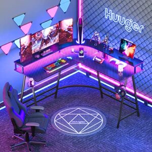 Huuger L Shaped Desk Gaming Desk with LED Lights & Power Outlets, Computer Desk with Monitor Shelves, Home Office Desk Corner Desk with Cup Holder & Hook, Carbon Fiber Black