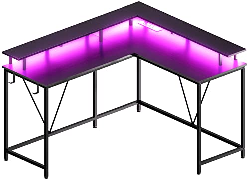 Huuger L Shaped Gaming Desk with LED Lights & Power Outlets, Computer Desk with Monitor Stand & Hooks, Home Office Desk, Corner Gaming Desk, Black