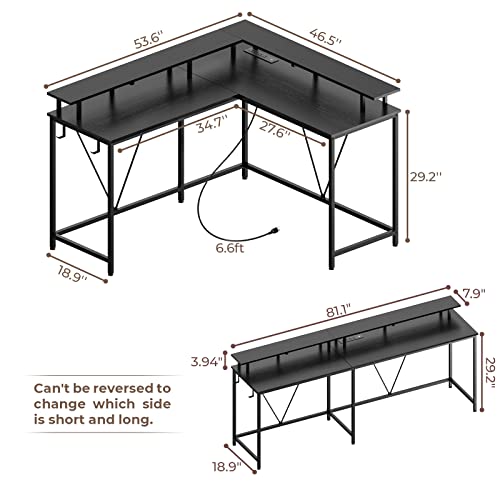 Huuger L Shaped Gaming Desk with LED Lights & Power Outlets, Computer Desk with Monitor Stand & Hooks, Home Office Desk, Corner Gaming Desk, Black