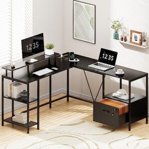 huuger l shaped desk with power outlets & led lights, reversible computer desk with storage shelves & file cabinet, corner desk home office desk, black